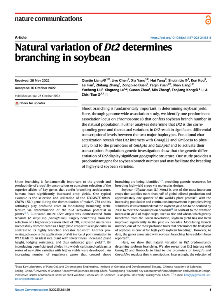 Natural Variation of Dt2 Determines Branching in Soybean | PDF | Genome ...