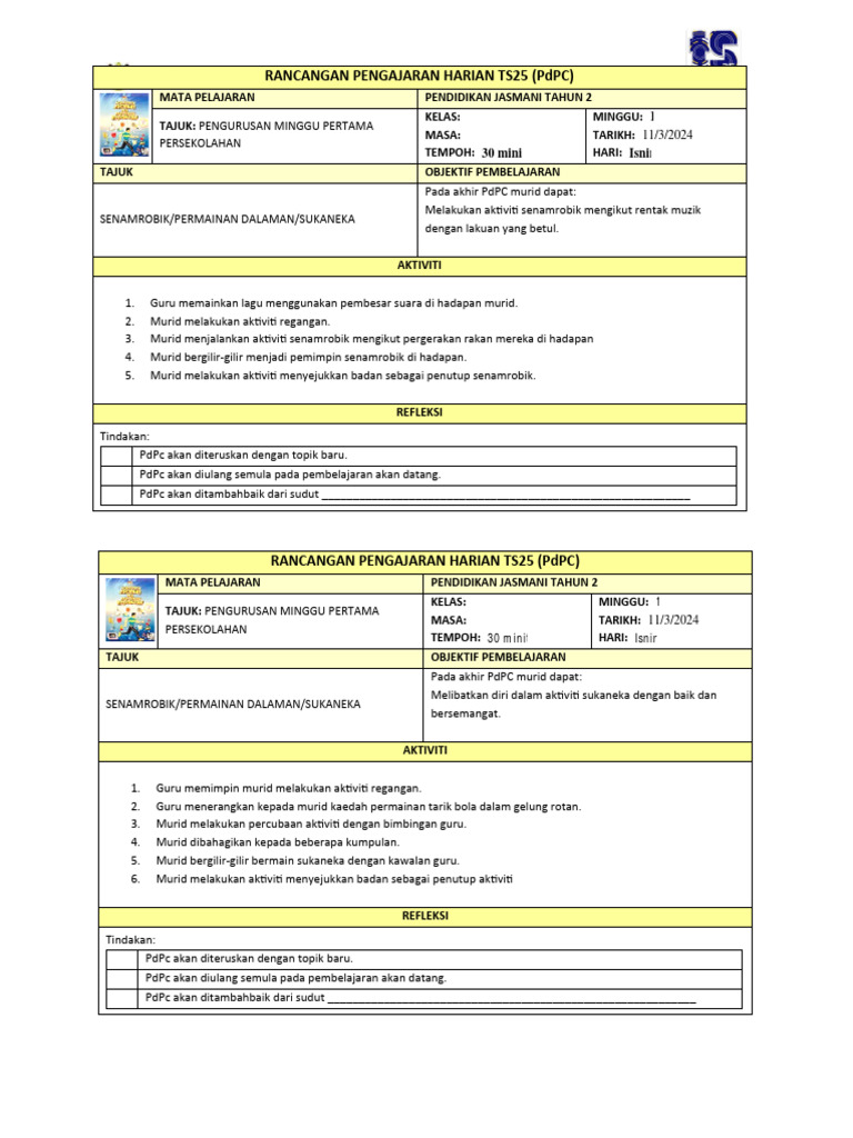 CONTOH RPH MINGGU PERTAMA PJPK | PDF