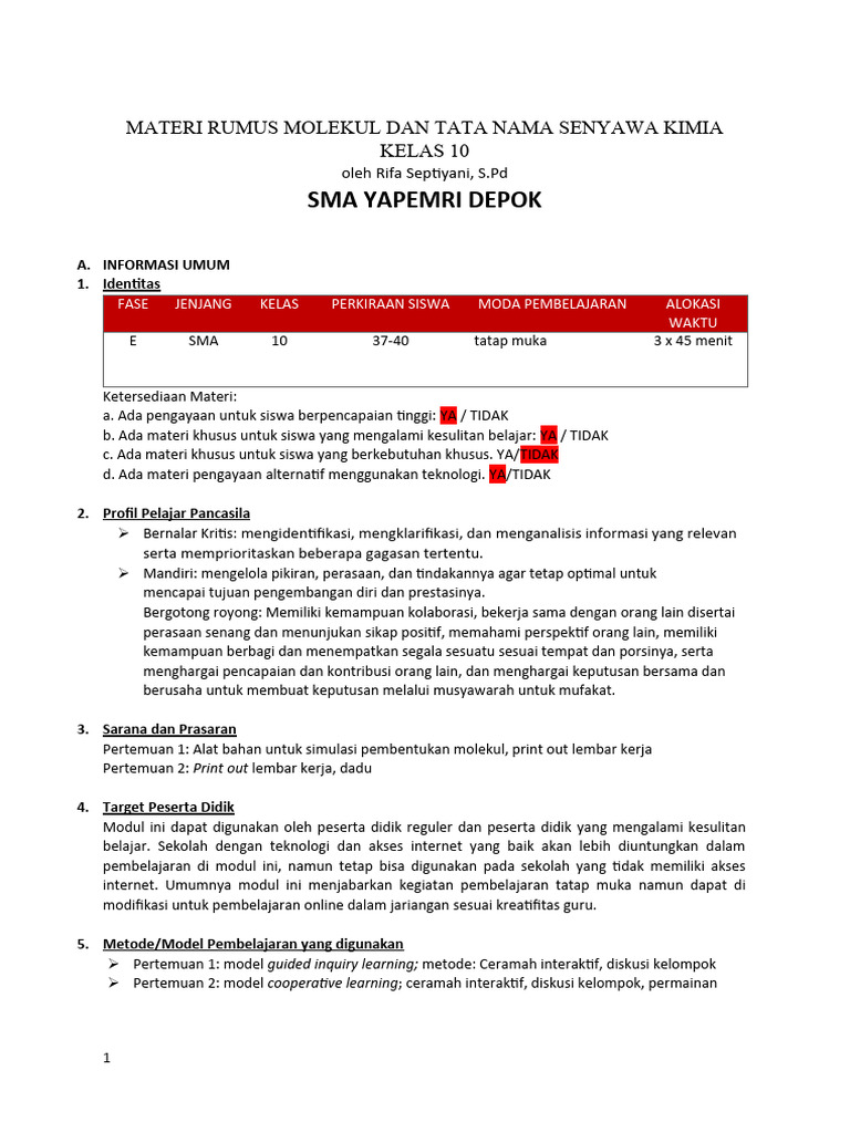 Modul Ajar Kimia Bentuk Molekul | PDF