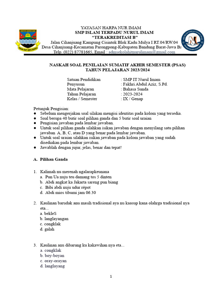 Soal Bahasa Sunda Kelas 9 | PDF