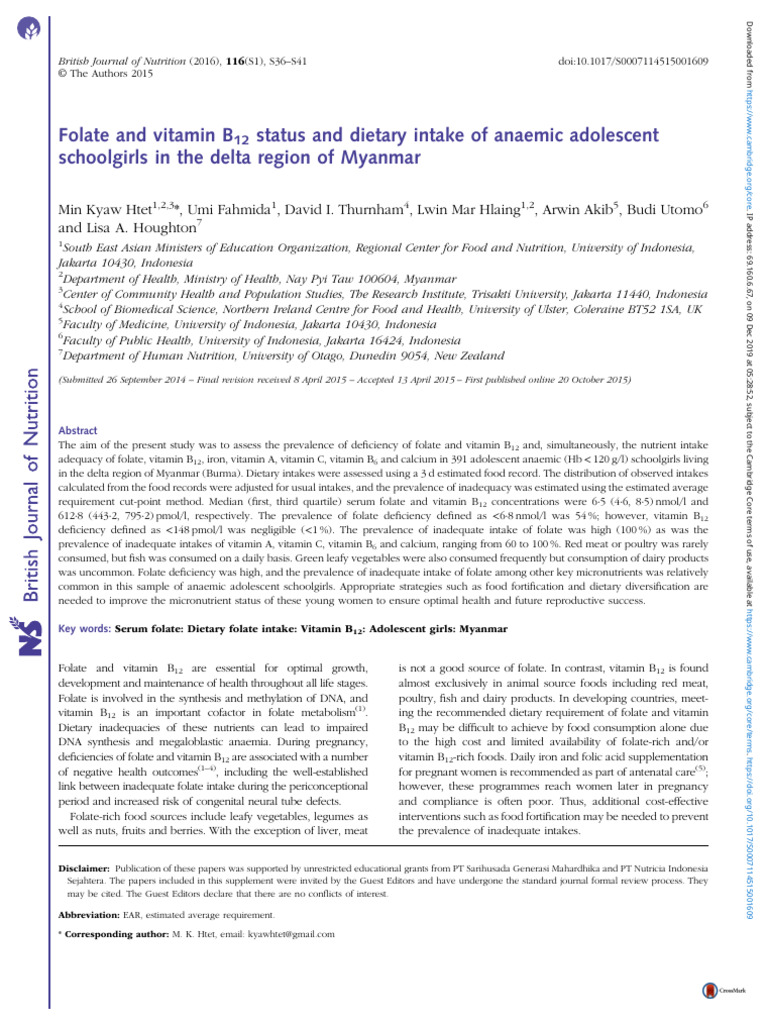 Folate and Vitamin b12 Status and Dietary Intake of Anaemic Adolescent ...