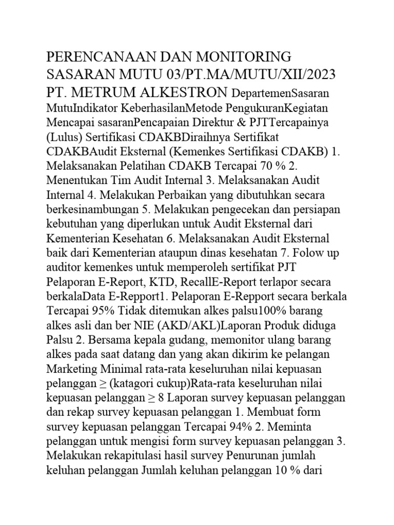 Perencanaan Dan Monitoring Sasaran Mutu 03/Pt - Ma/Mutu/Xii/2023 Pt. Metrum Alkestron | PDF