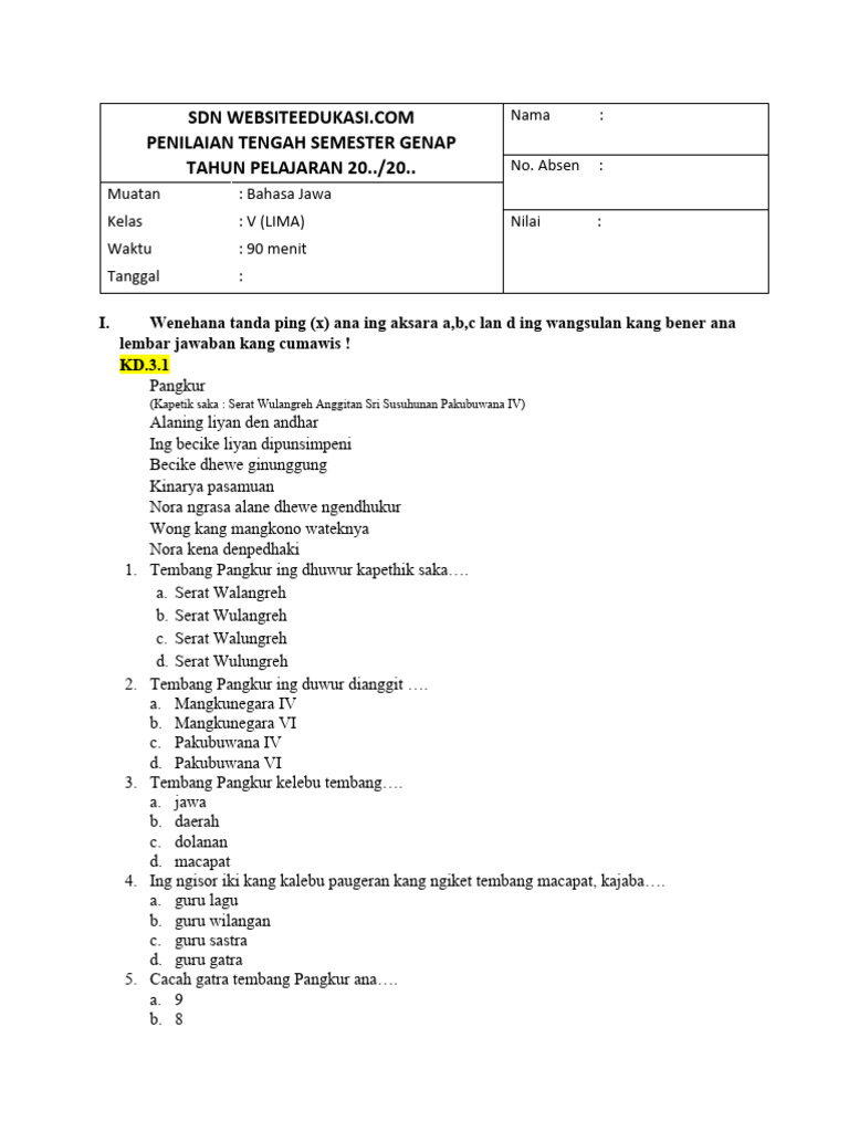 Soal PTS 2 Bahasa Jawa Kelas 5 K13 | PDF | Seni