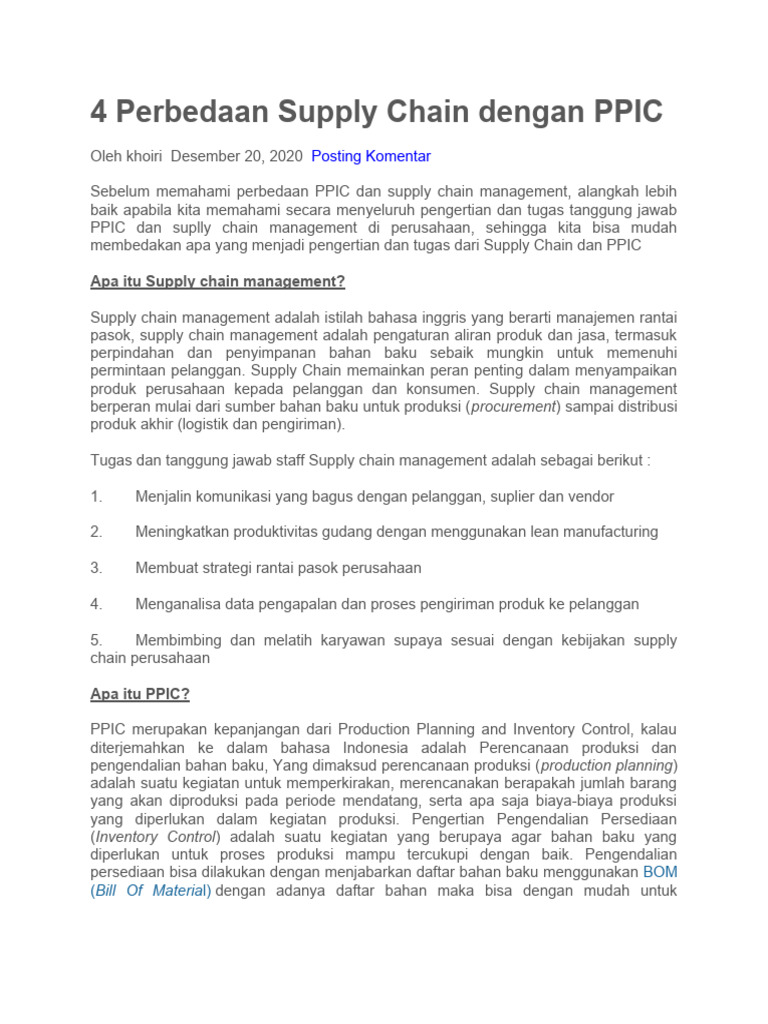 4 Perbedaan Supply Chain dengan PPIC | PDF