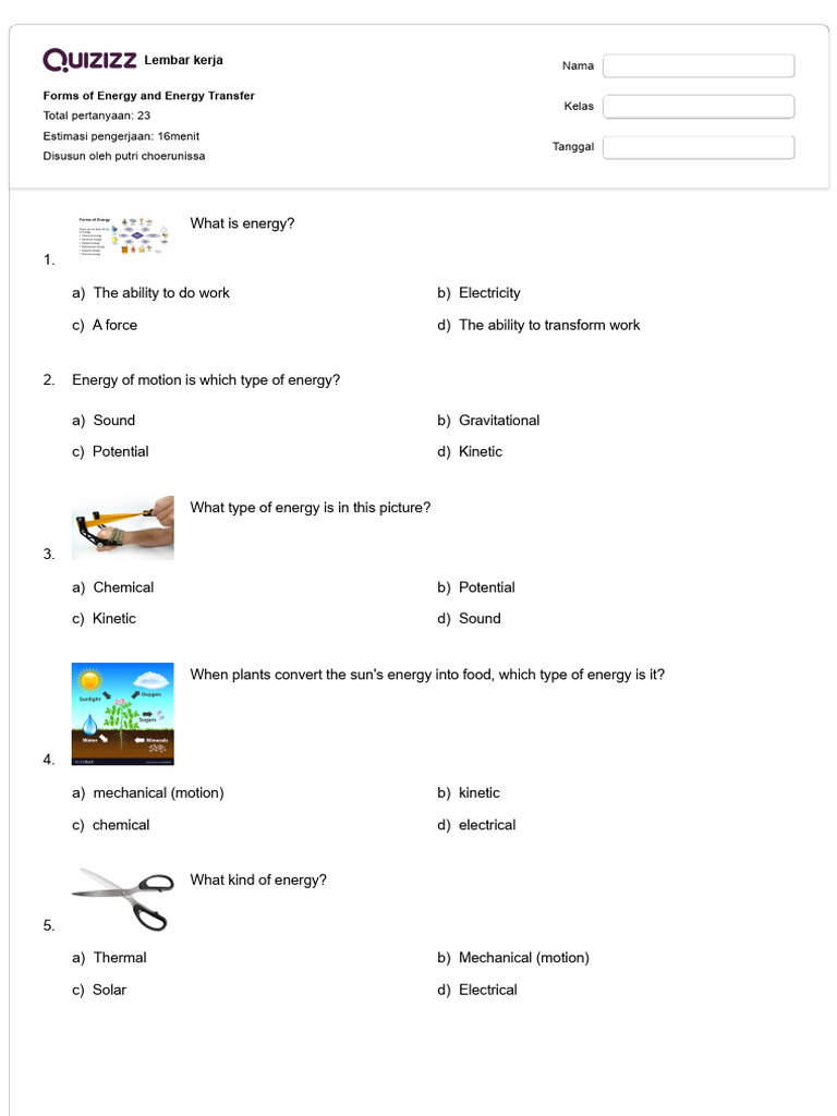 Forms of Energy and Energy Transfer - Quizizz | PDF | Kinetic Energy ...