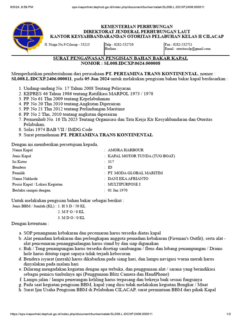 Surat Izin Pengisian Bunker Kapal | PDF