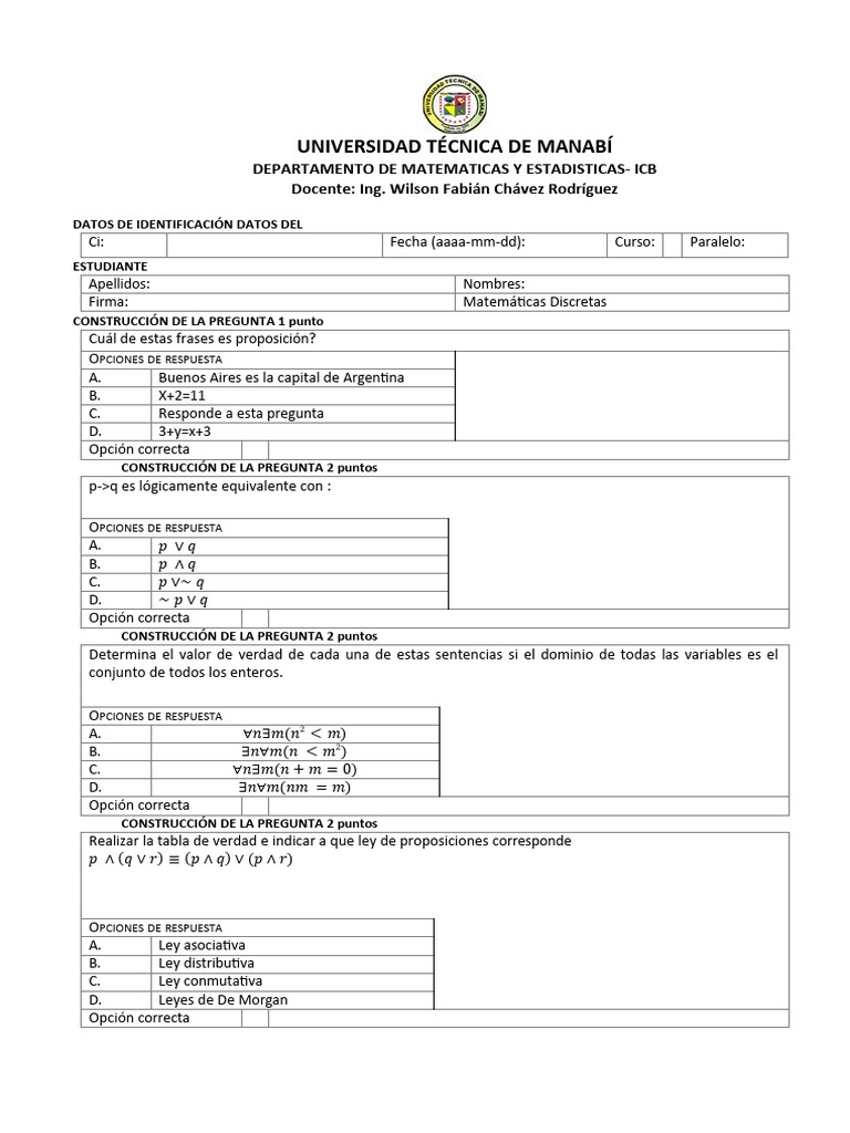 Examen Primer Ciclo Logica - Discreta - Examen 2024 | PDF | Lógica ...