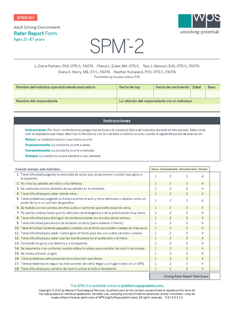 Spm2-Sp-Adult Driving Rater Response Sheet | PDF