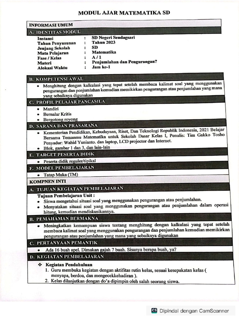 modul ajar matematika kelas 1 | PDF
