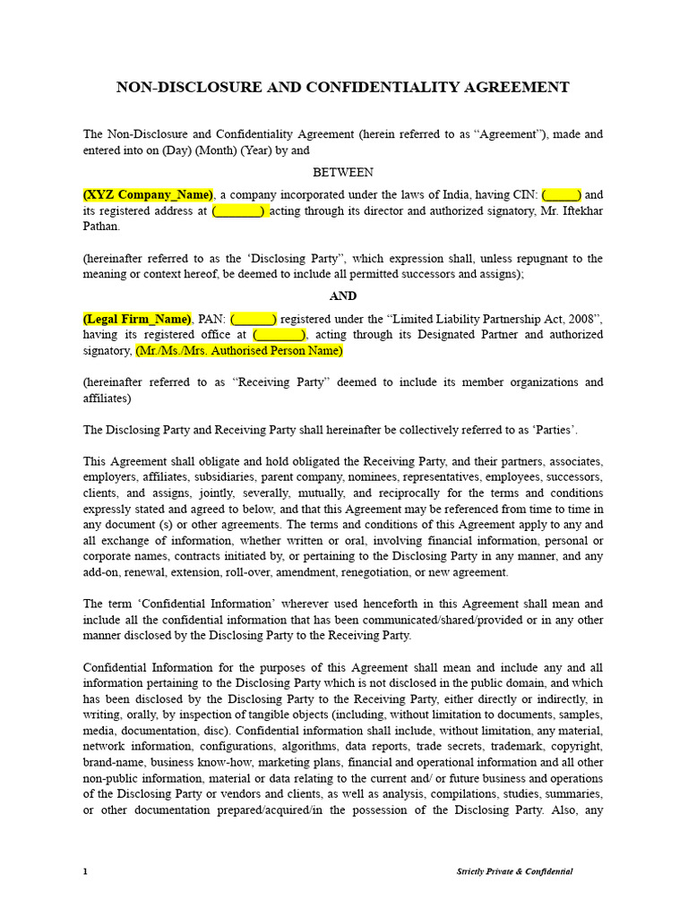 Law Firm Name - XY Company - NDA Agreement - Draft | PDF | Non ...