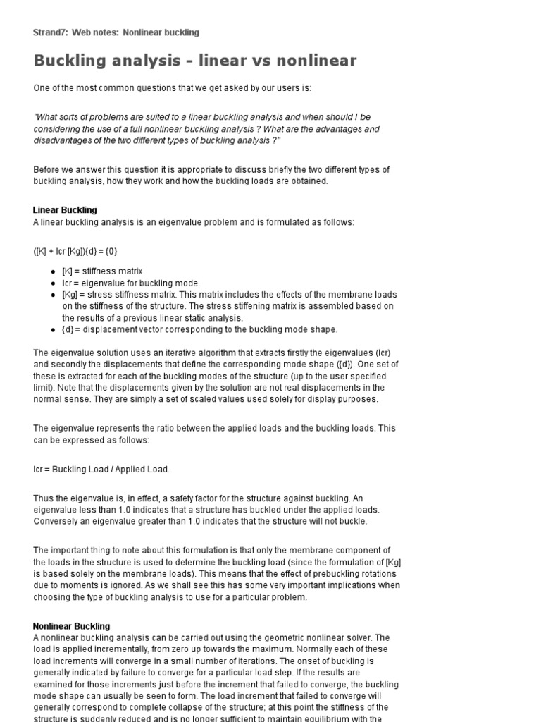 Strand7 - Buckling Analysis - Linear Vs Nonlinear | PDF | Buckling | Bending