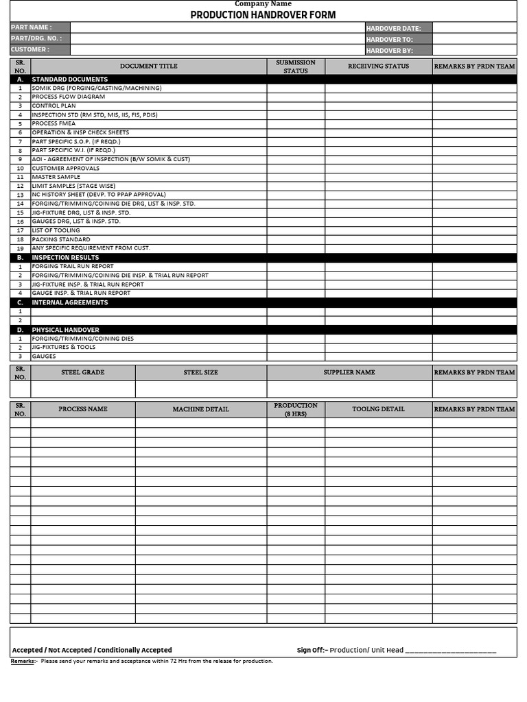 Production Handover Form | Download Free PDF | Mechanical Engineering ...