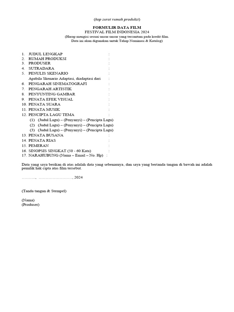 FFI 2024 - Formulir Data Film Non Cerita Panjang | PDF