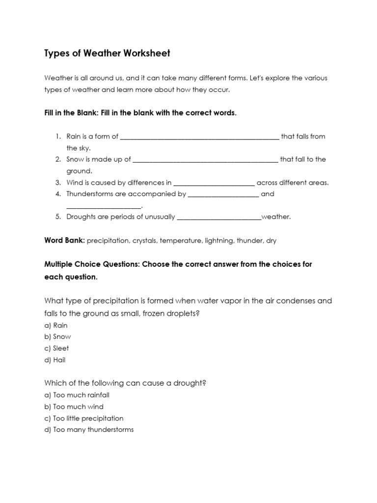 Types of Weather Worksheet 1 | PDF | Precipitation | Rain