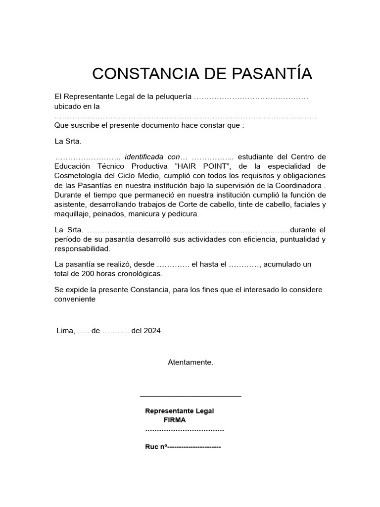 Constancia de Pasantia - Hair Point 2024 | PDF | Negocios