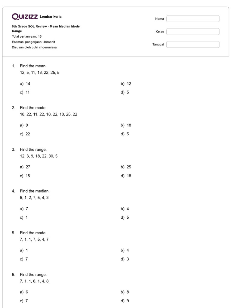 5th Grade SOL Review - Mean Median Mode Range - Quizizz | PDF | Mean ...