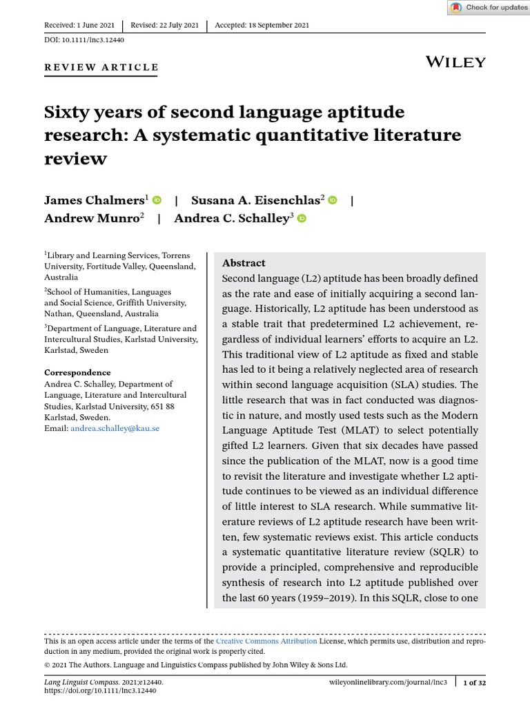 Language and Linguist Compass - 2021 - Chalmers - Sixty Years of Second Language Aptitude ...