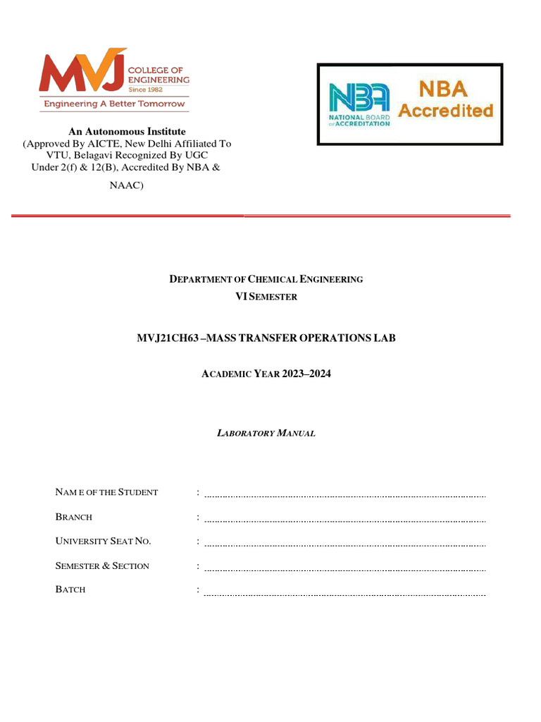 Mass Transfer Lab Manual _MVJ19CHL66 (1) | PDF | Distillation | Diffusion