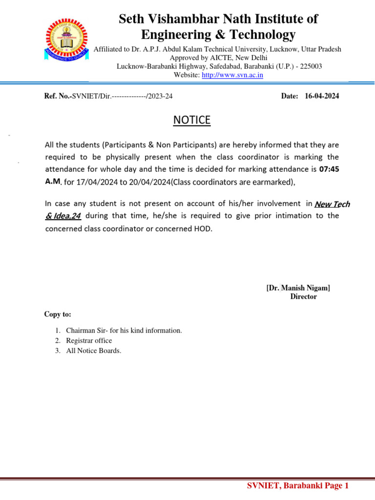 Attendance Notice for Students | PDF