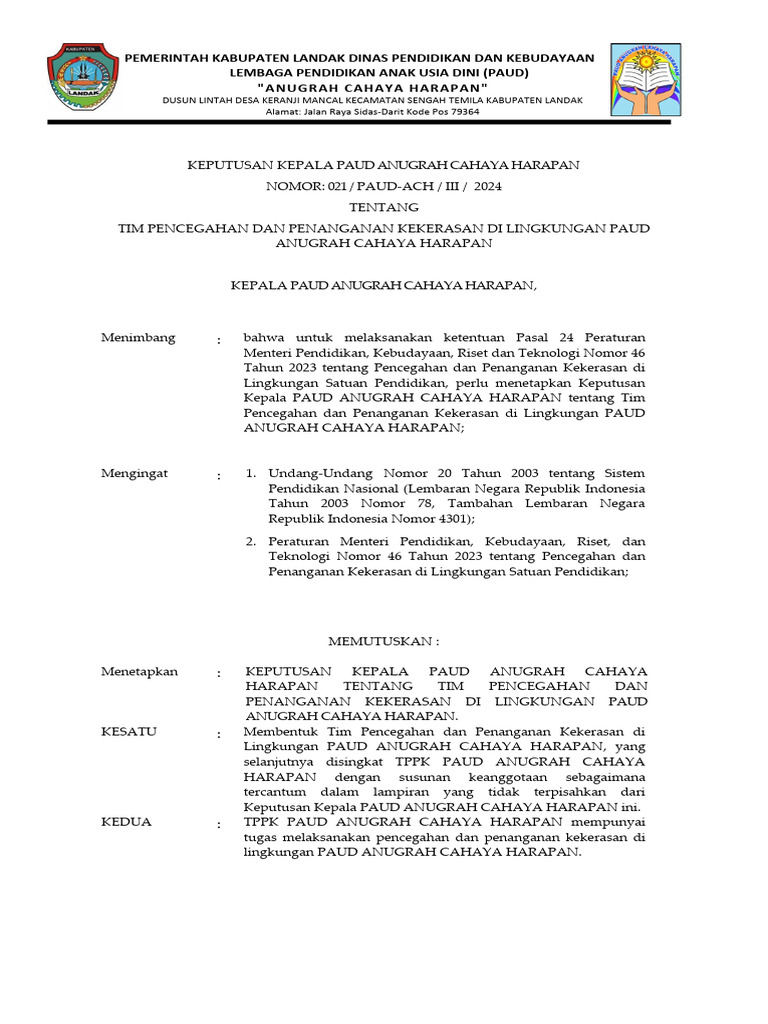 Contoh SK Kepala Satuan Pendidikan Pembentukan TPPK (File Word) | PDF