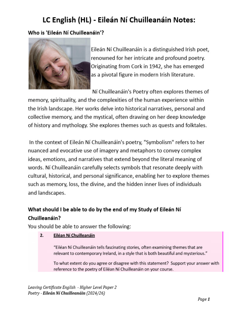 LC (HL) English - Eileán Ní Chuilleanáin | PDF | Poetry | Narrative