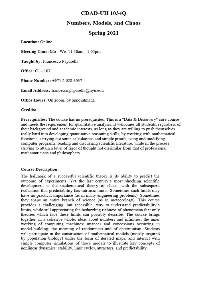 Numbers - Models - Chaos - Spring 2021 | PDF | Chaos Theory | Dynamical ...