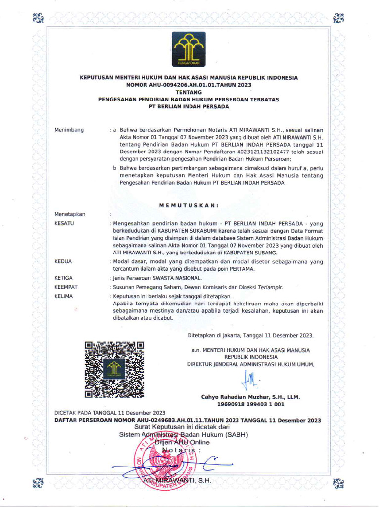 SK Pengesahan PT Berlian Indah Persada (TTD) | PDF