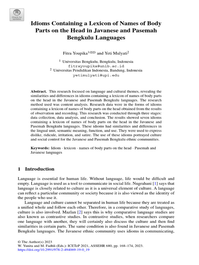 Idioms Containing A Lexicon of Names of Body Parts On The Head in Javanese and Pasemah Bengkulu ...