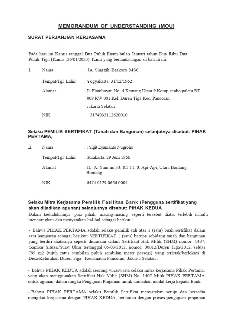MOU Kerjasama Singgih Baskoro | PDF