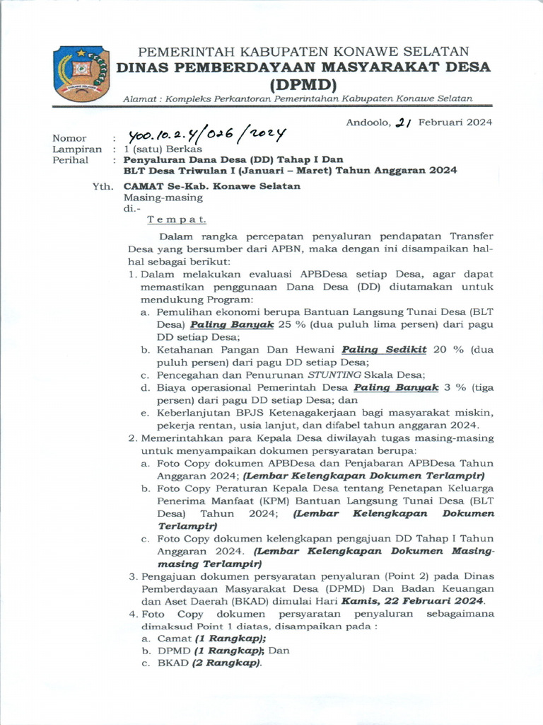 Surat DPMD TTG Penyaluran DD Tahap I & BLT | PDF