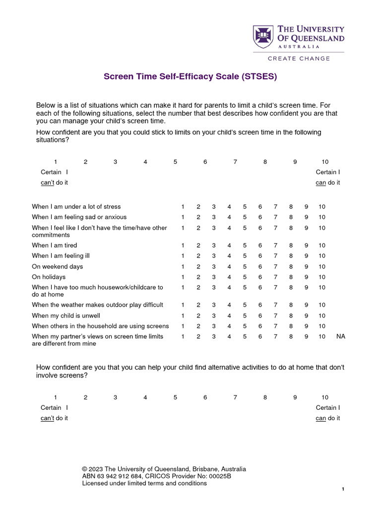 Screen Time Self-Efficacy Scales | PDF | Human Development | Social ...