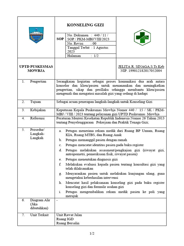 SOP Konseling Gizi Puskesmas | PDF