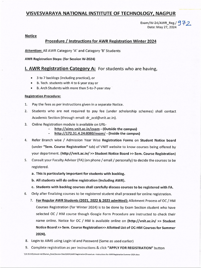 AWR Reg. Instructions & Procedure W24 | PDF