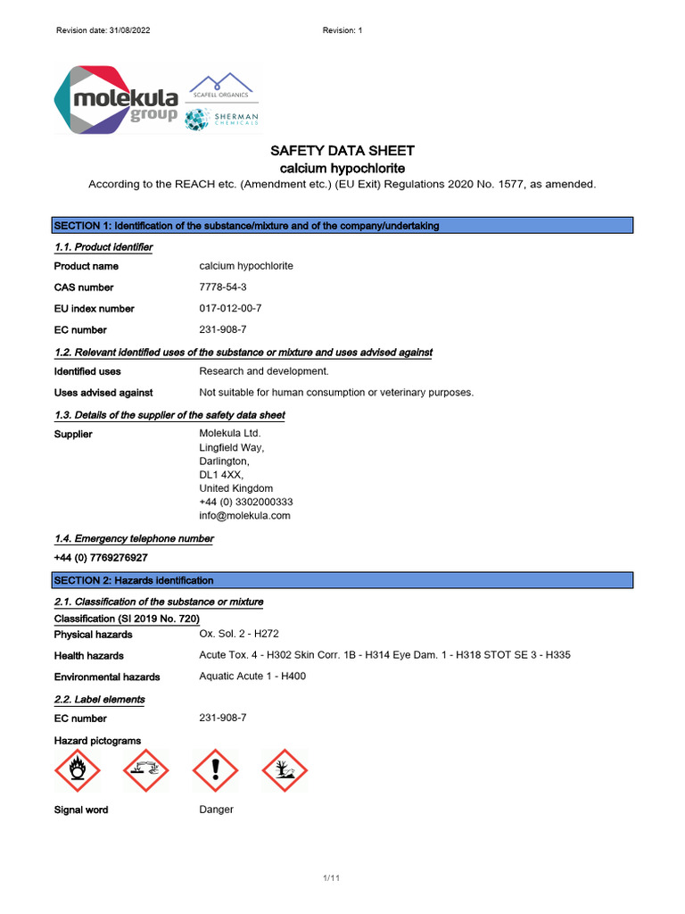 Safety Data Sheet - EN - CALCIUM HYPOCHLORITE (7778-54-3) | Download Free PDF | Dangerous Goods ...