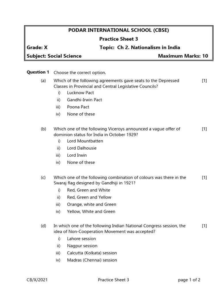 QP - CBSE - X - SS - CH 2 Nationalism in India - Practise Sheet 3 | Download Free PDF | Mahatma ...