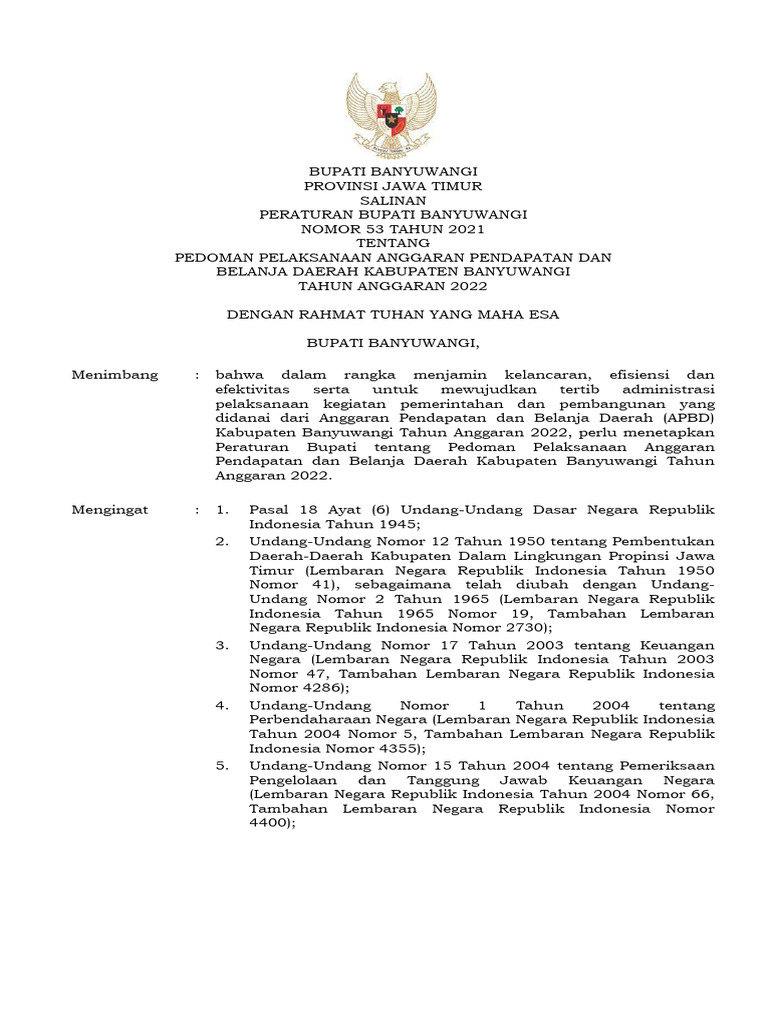 Perbup No 53 Tahun 2021 Perbup Pedoman Apbd 2022 | PDF
