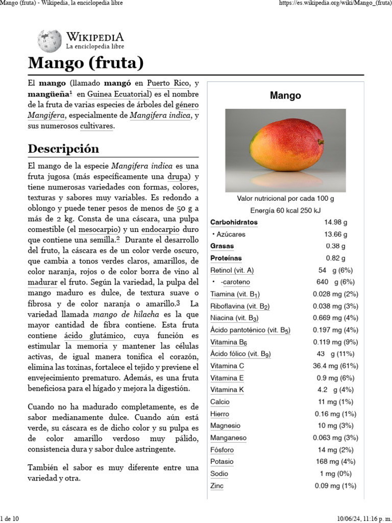 Mango (Fruta) - Wikipedia, La Enciclopedia Libre | Descargar gratis PDF | Mango