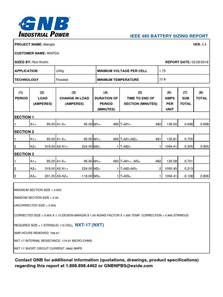 GNB Calculator IEEE 485 Sizing Report | PDF | Technology & Engineering