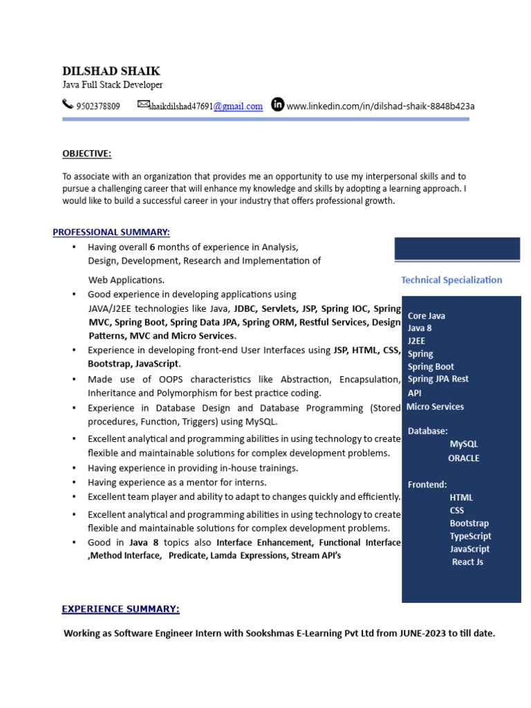 Dilshad Shaik: Objective | PDF | Java (Programming Language) | Bootstrap (Front End Framework)