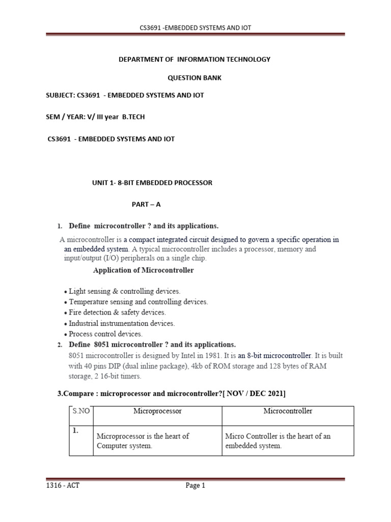 CS3691 - Esiot - Question Bank | PDF | Microcontroller | Random Access Memory