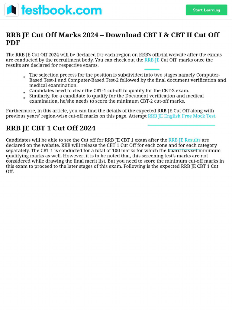 Rrb Je Cut Off Marks 2024 – Download Cbt i & Cbt II Cut Off PDF | PDF