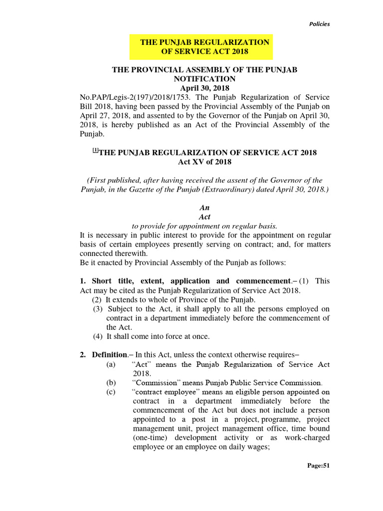 Punjab Regularization of Service Act 2018 | PDF | Employment | Appeal
