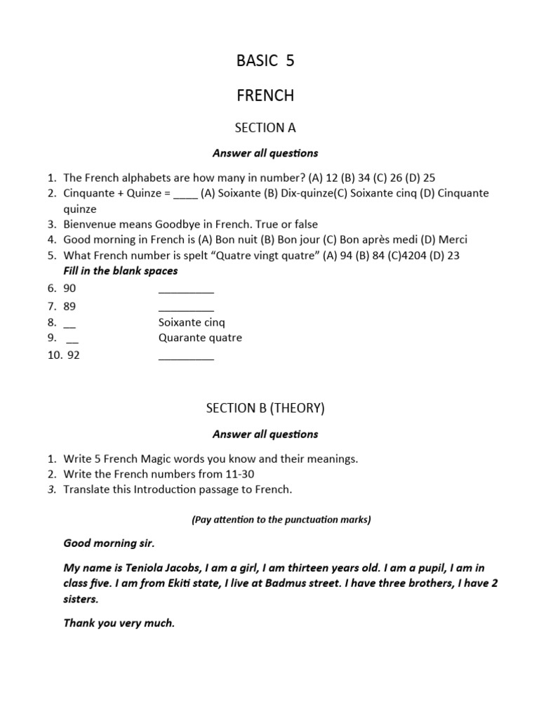 BASIC 5 French Exam Questions | PDF