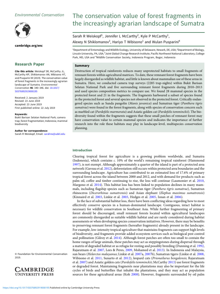 The Conservation Value of Forest Fragments in The Increasingly Agrarian ...