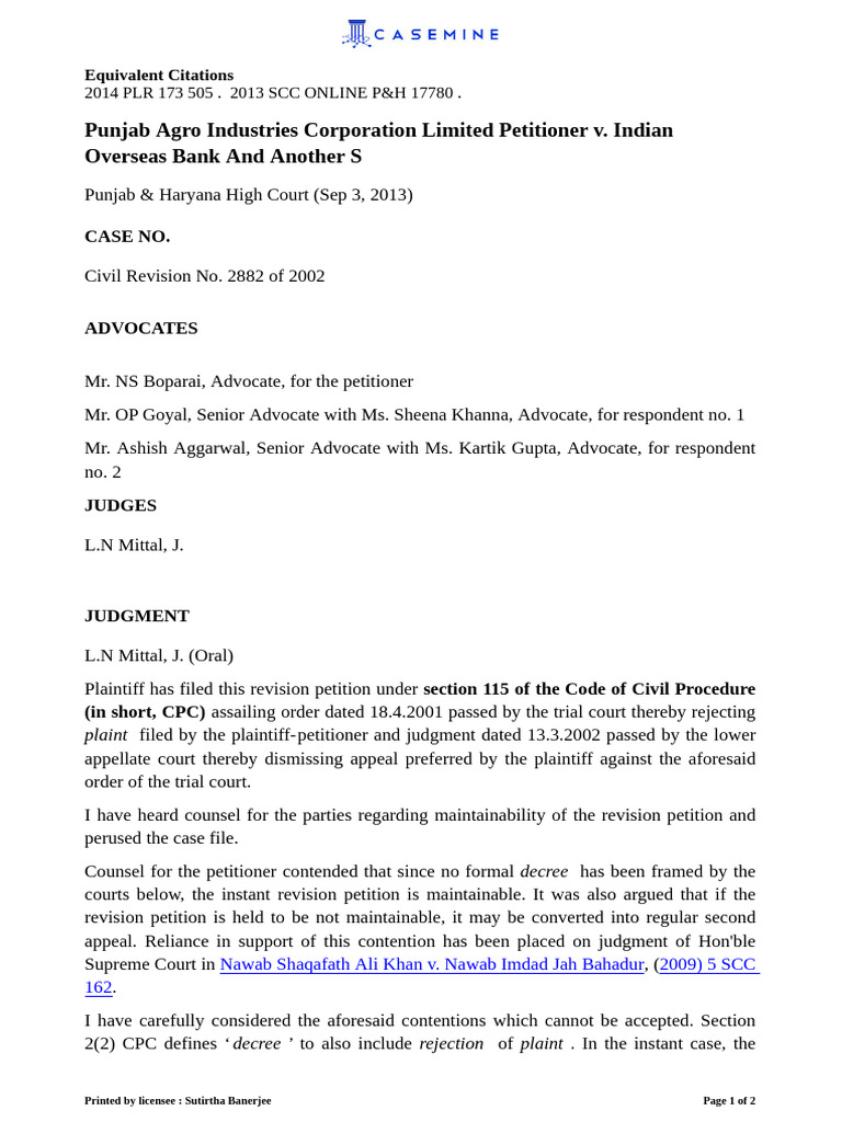 Rejection of plaint no separate decree mandatory | PDF