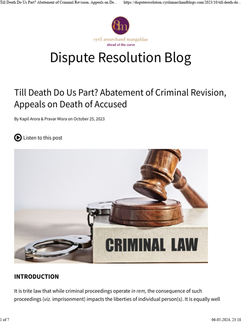 Till Death Do Us Part Abatement of Criminal Revision, Appeals On Death ...