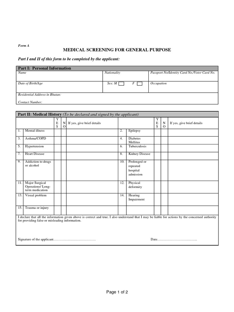 Form A - Medical Screening For General Purpose | PDF | Hypertension ...