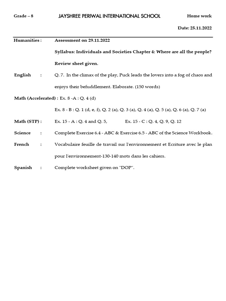 Grade - 8 Weekend Homework 25-11-22 | PDF