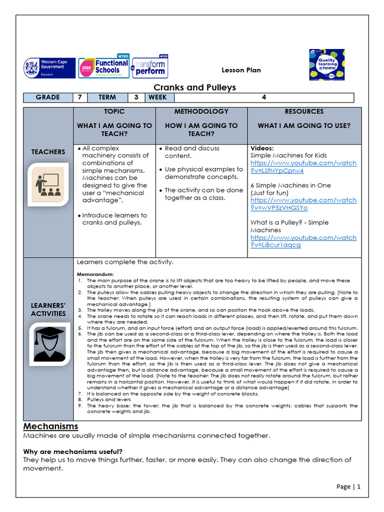 Lesson Plan Get SP Grade 7 Technology Term 3 Week 4 | PDF | Lever ...