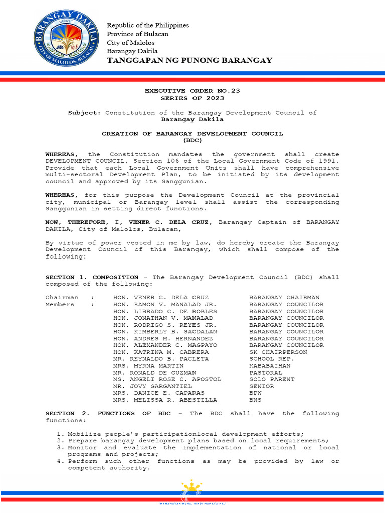 Eo 23 - 2023 BDC (Barangay Dakila) | PDF | Governance | Justice